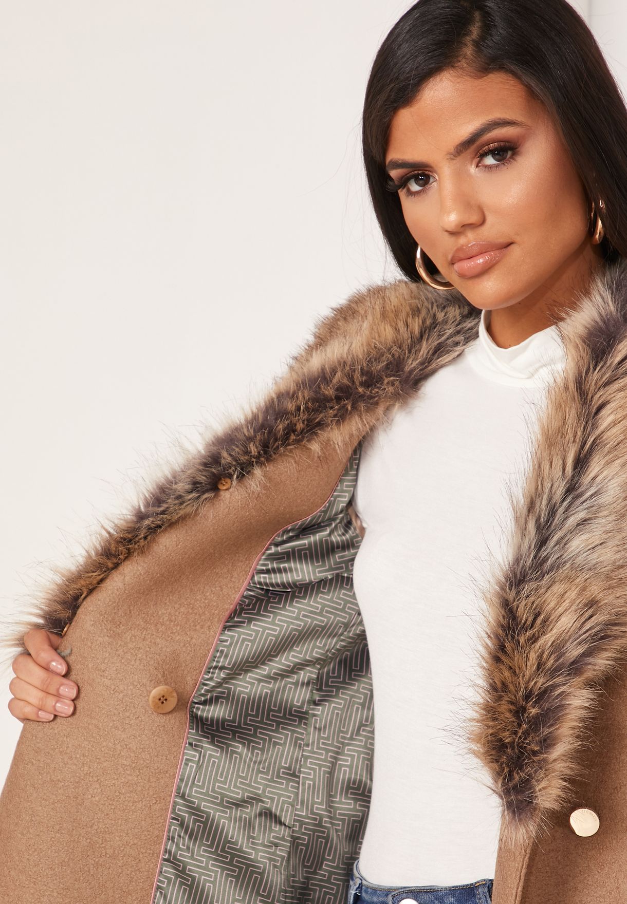 Buy Ted Baker Beige Corinna Faux Fur Collar Belted Coat For Women In