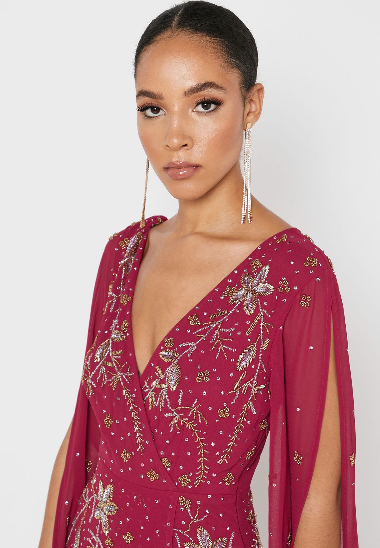 Buy Frock And Frill Pink Cape Sleeve Embellished Maxi Dress For Women