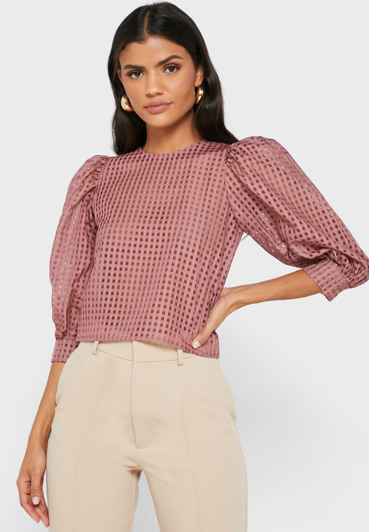 Buy Ella Pink Checked Puffed Sleeve Top For Women In Dubai Abu Dhabi