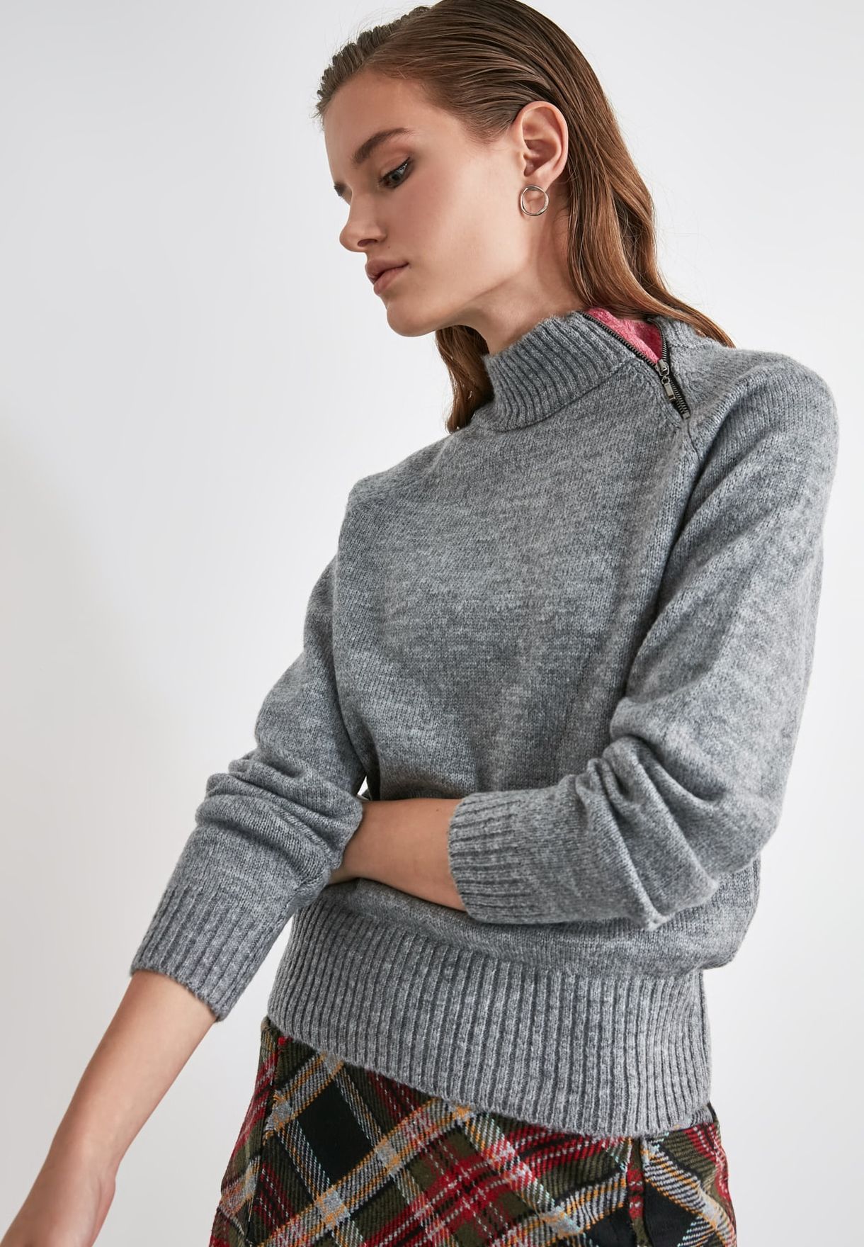 Buy Trendyol grey Zip Detail Knitted Sweater for Women in MENA ...